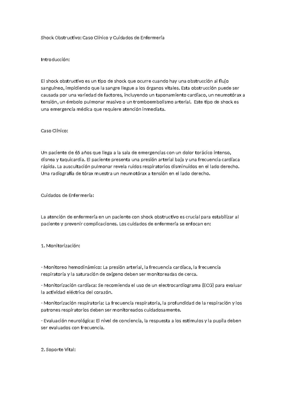 Shock Obstructivo - Caso Clínico y Cuidados de Enfermería - Studocu