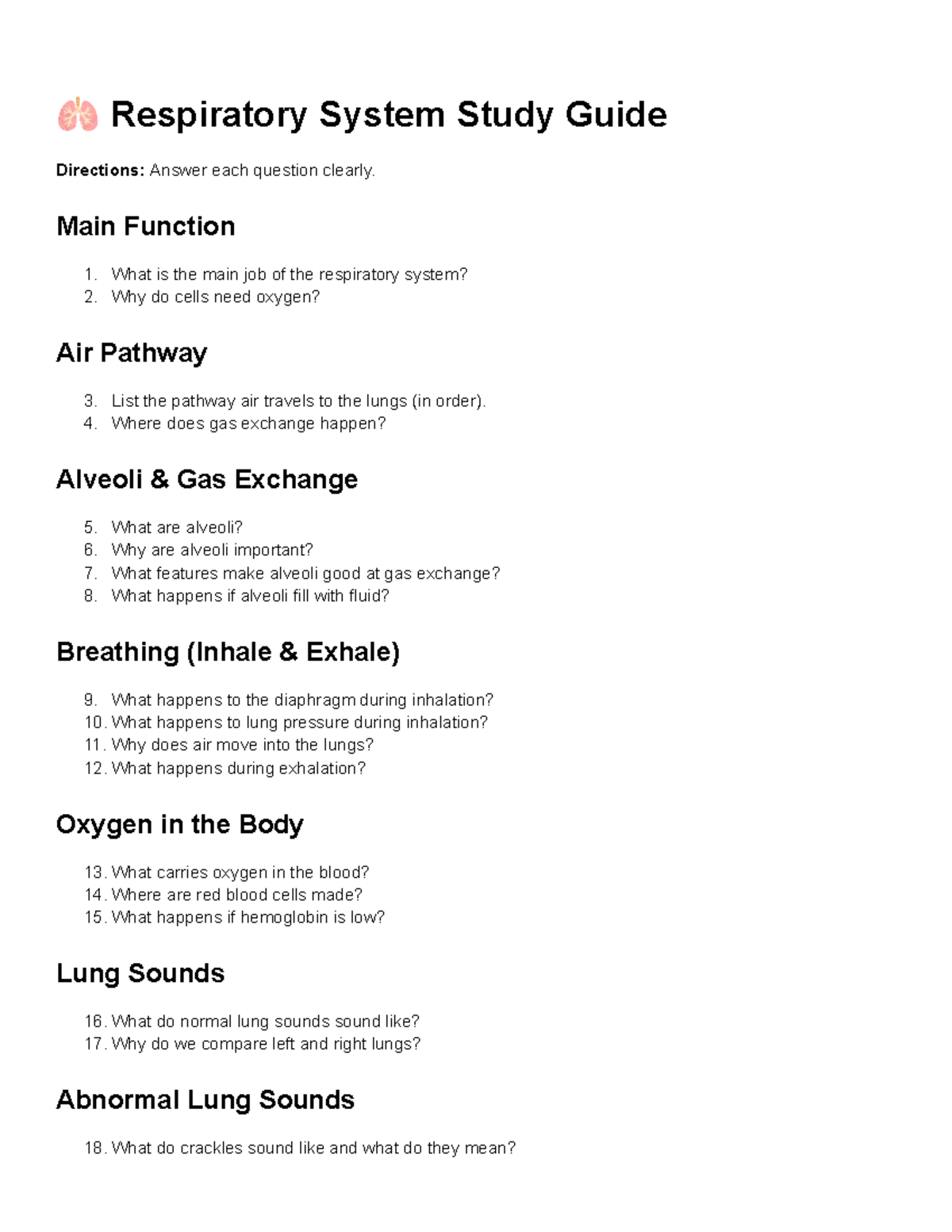 Respiratory System Study Guide: Key Concepts & Functions - Studocu