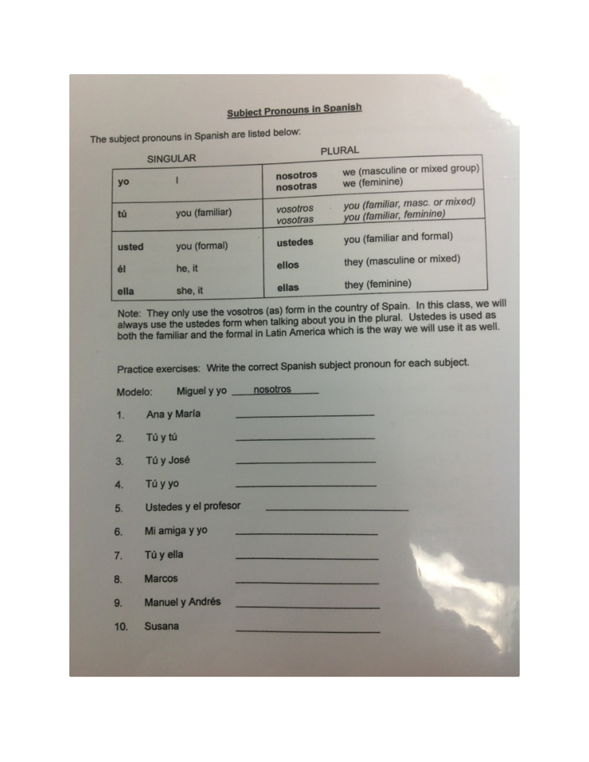 Subject Pronoun Practice Worksheet for Spanish Class - Studocu