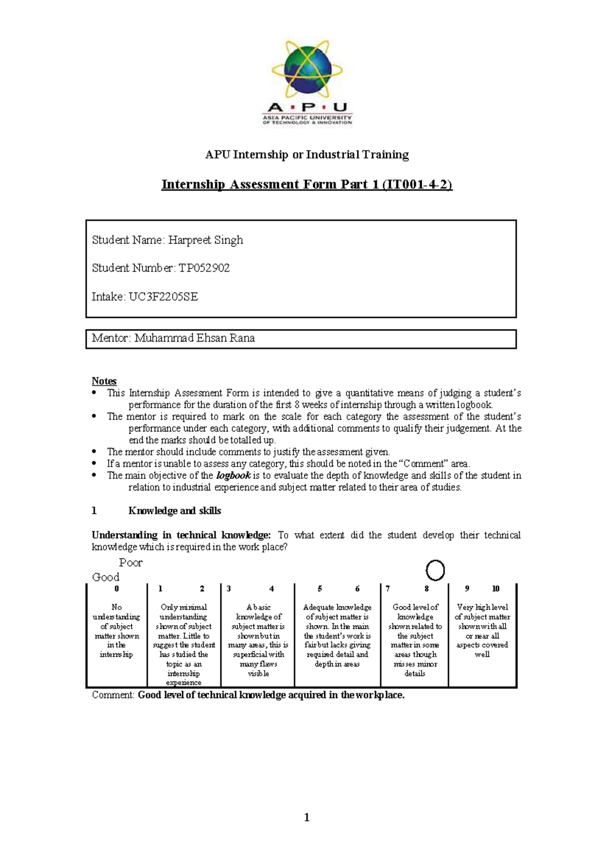 APU Internship Assessment Report (IT001-4-2): 8-Week Performance ...