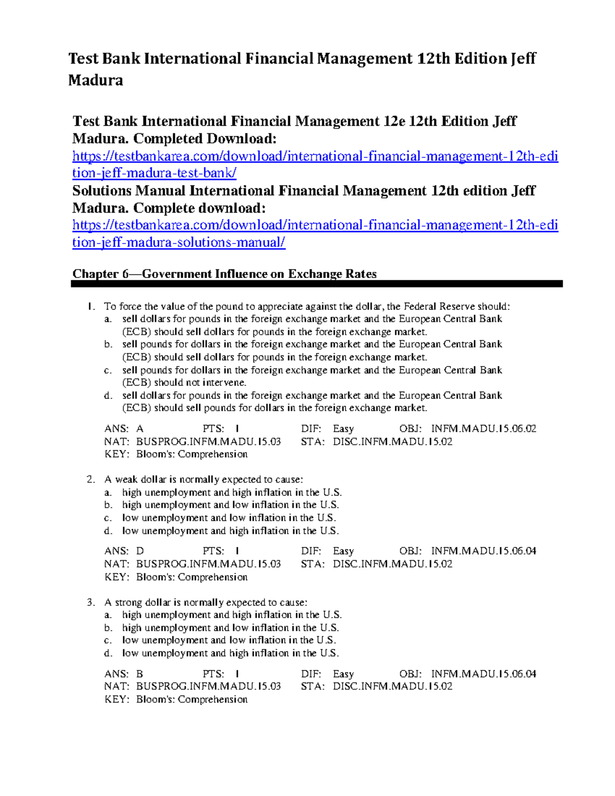 Test Bank for International Financial Management 12e by Jeff Madura ...
