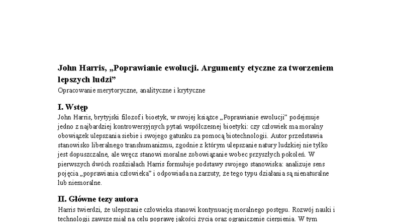 Opracowanie merytoryczne: Bioetyka Johna Harrisa i jej kontrowersje - Studocu