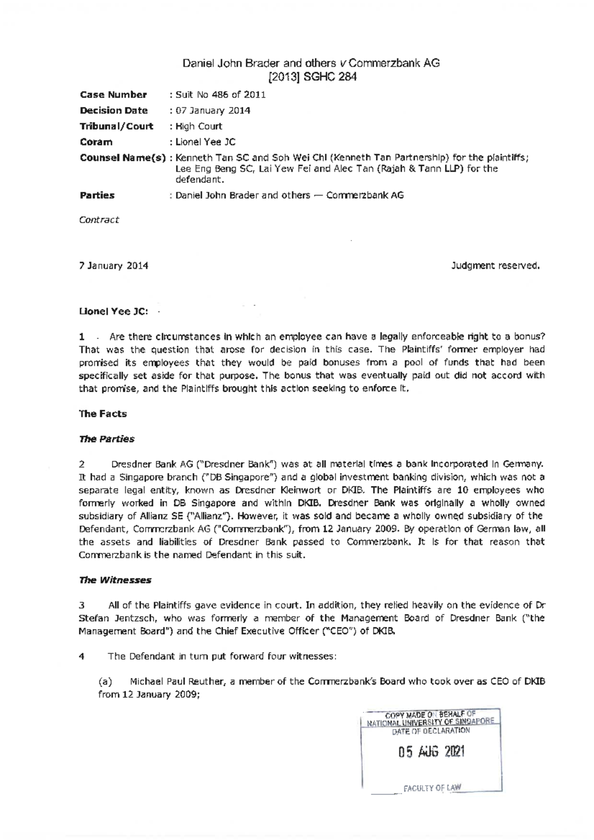 Case Study: Daniel John Brader v Commerzbank Analysis - Studocu