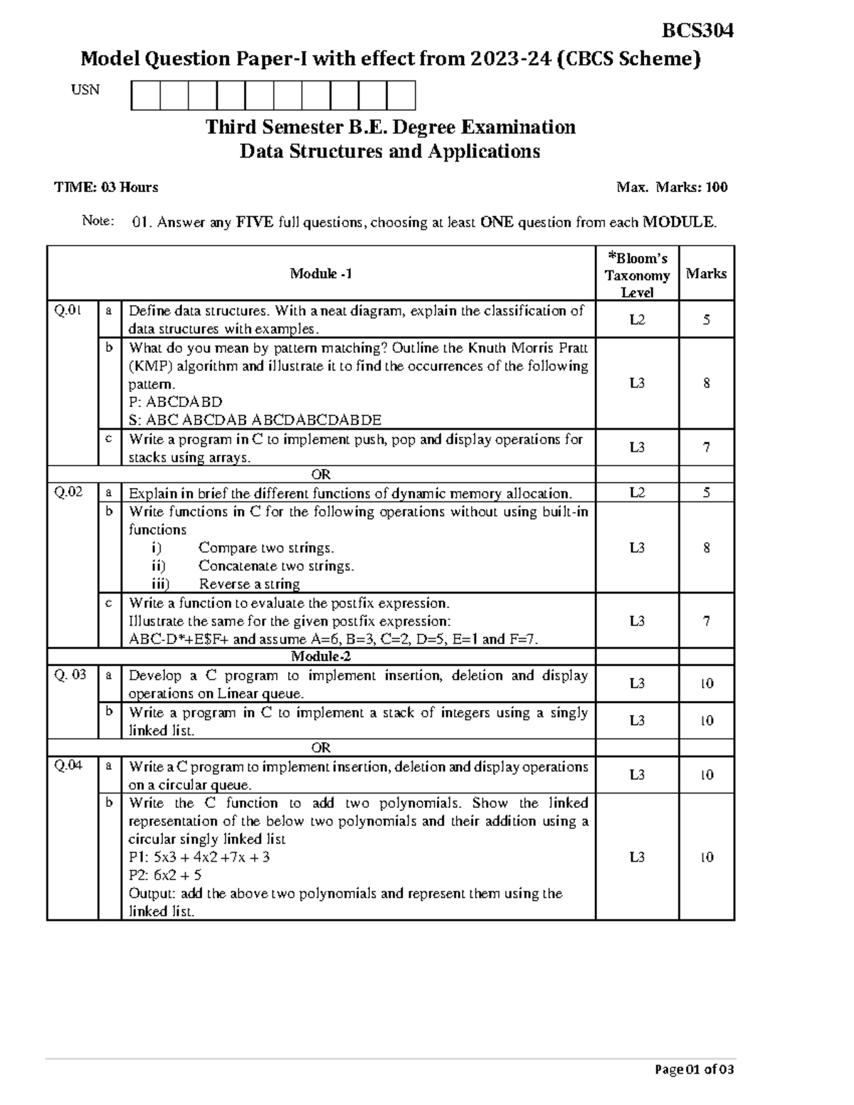 BCS304 Data Structures & Applications Model Questions (CBCS Scheme) - Studocu