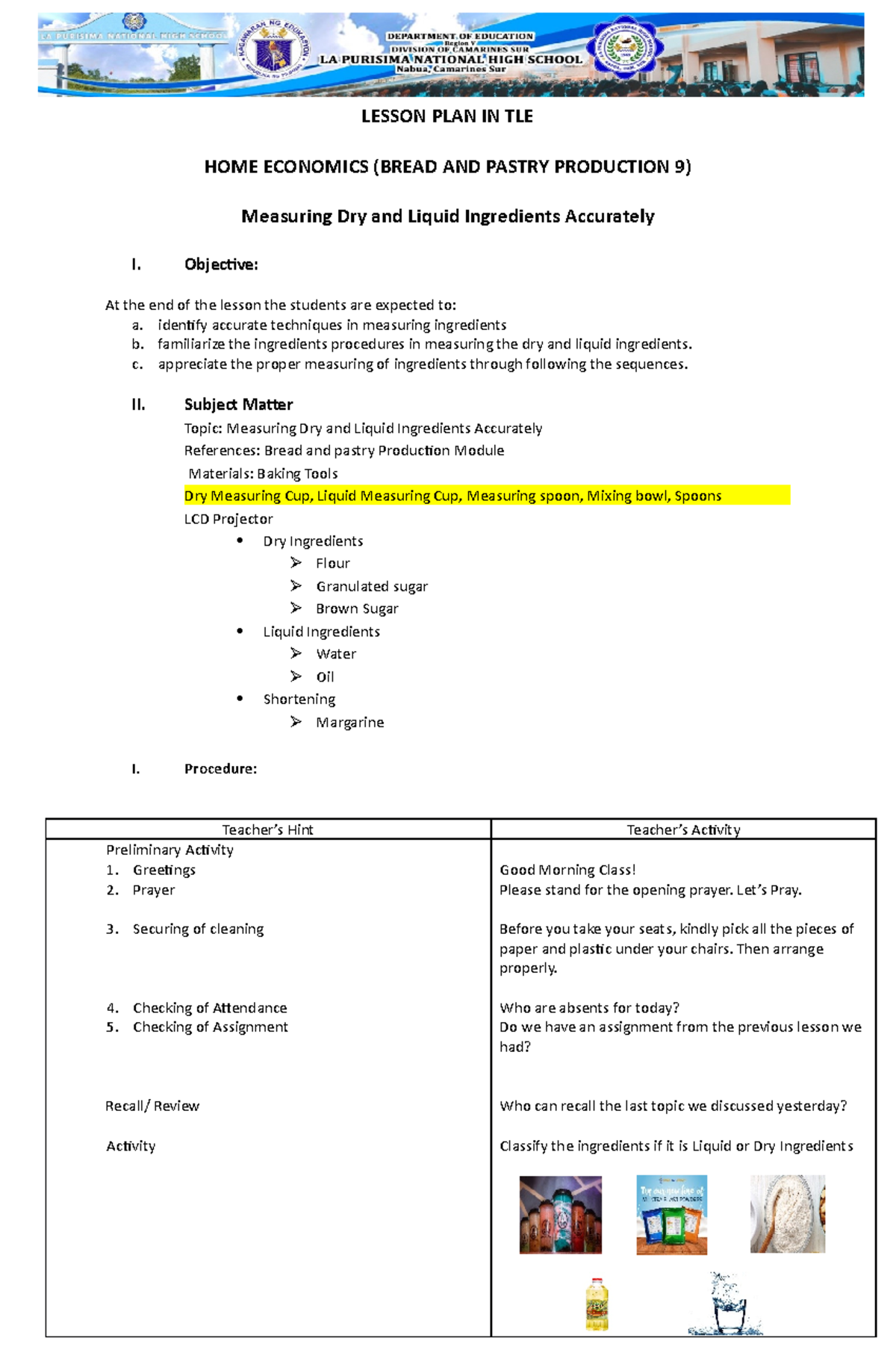 TLE 2 Lesson Plan: Accurate Measurement of Ingredients in Home Ec - Studocu