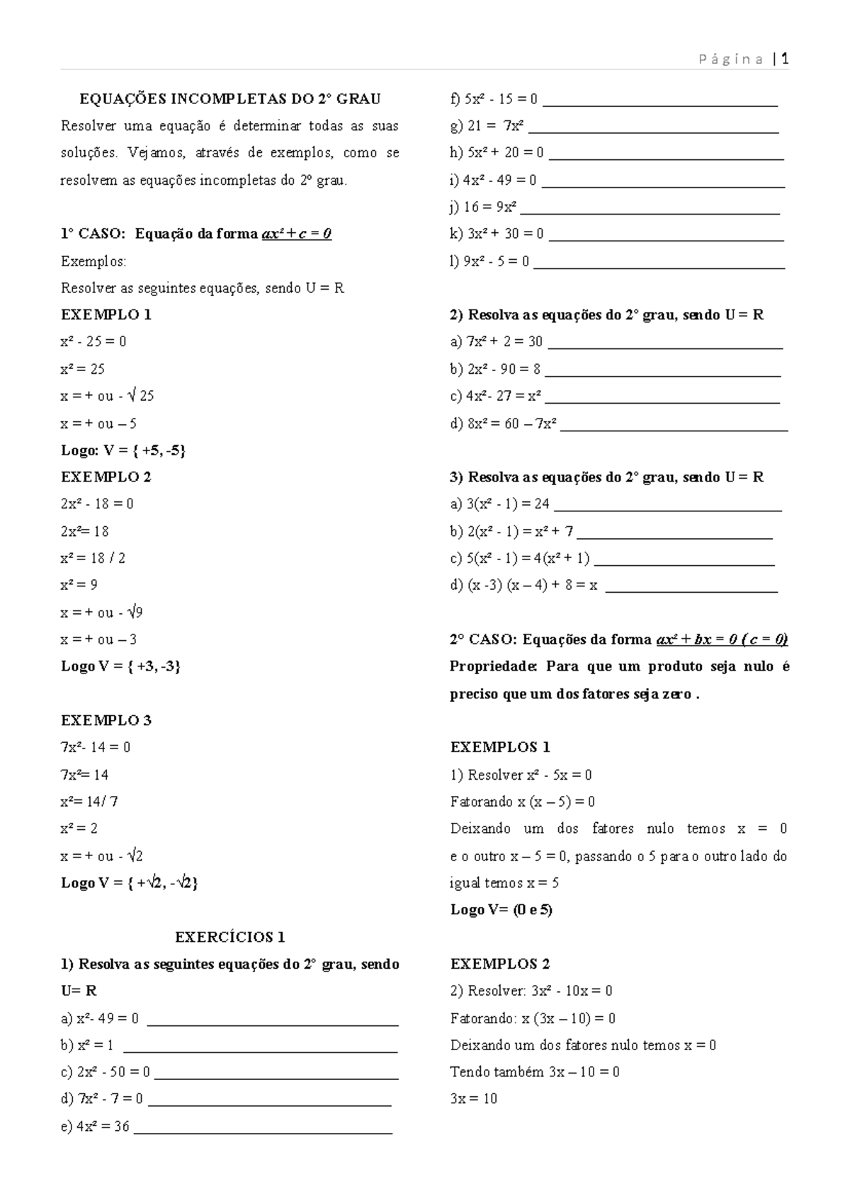 Equações Incompletas do 2º Grau - Resolução e Exemplos - Studocu