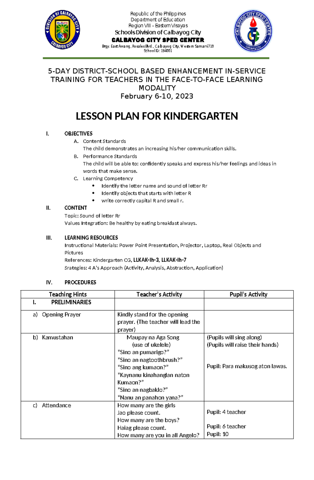 Sample Kindergarten Lesson Plan: Focusing on Letter R Sound - Studocu