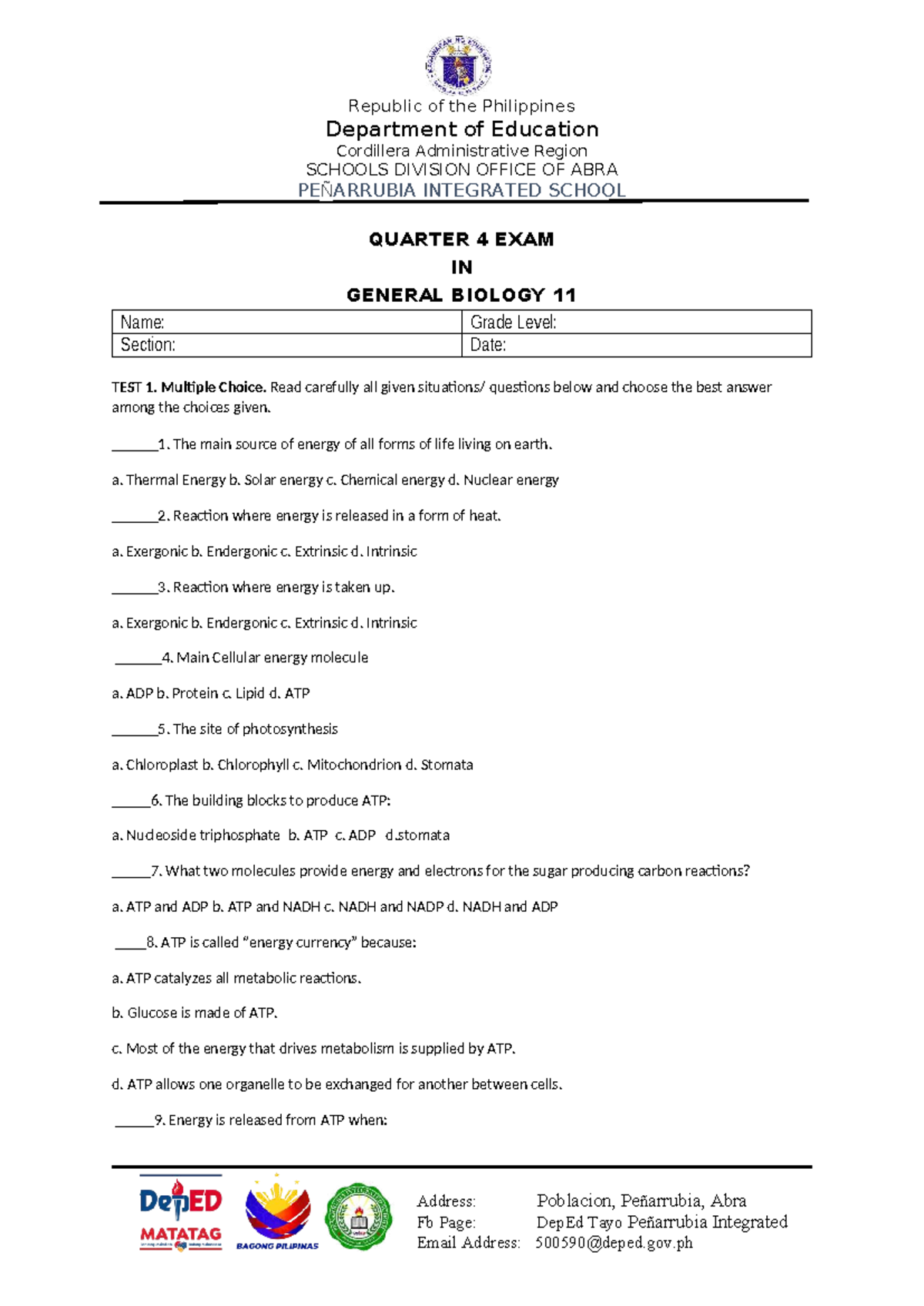 Gen. Bio 11 Q4 Exam: Multiple Choice & True/False Questions - Studocu