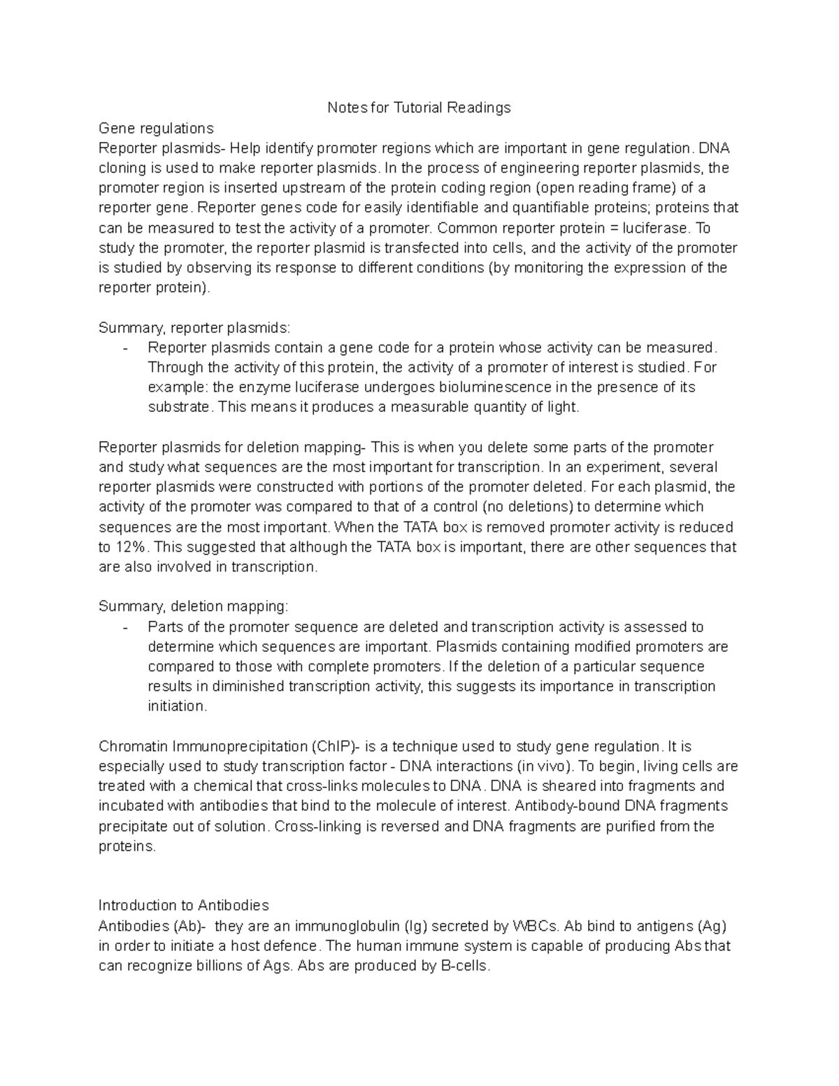 MCB 2050 - Tutorial 1 Reading Notes on Gene Regulation and Antibodies ...