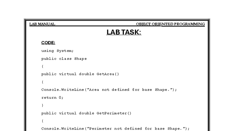LAB 8 OOP Output - Object Oriented Programming Lab Manual - Studocu