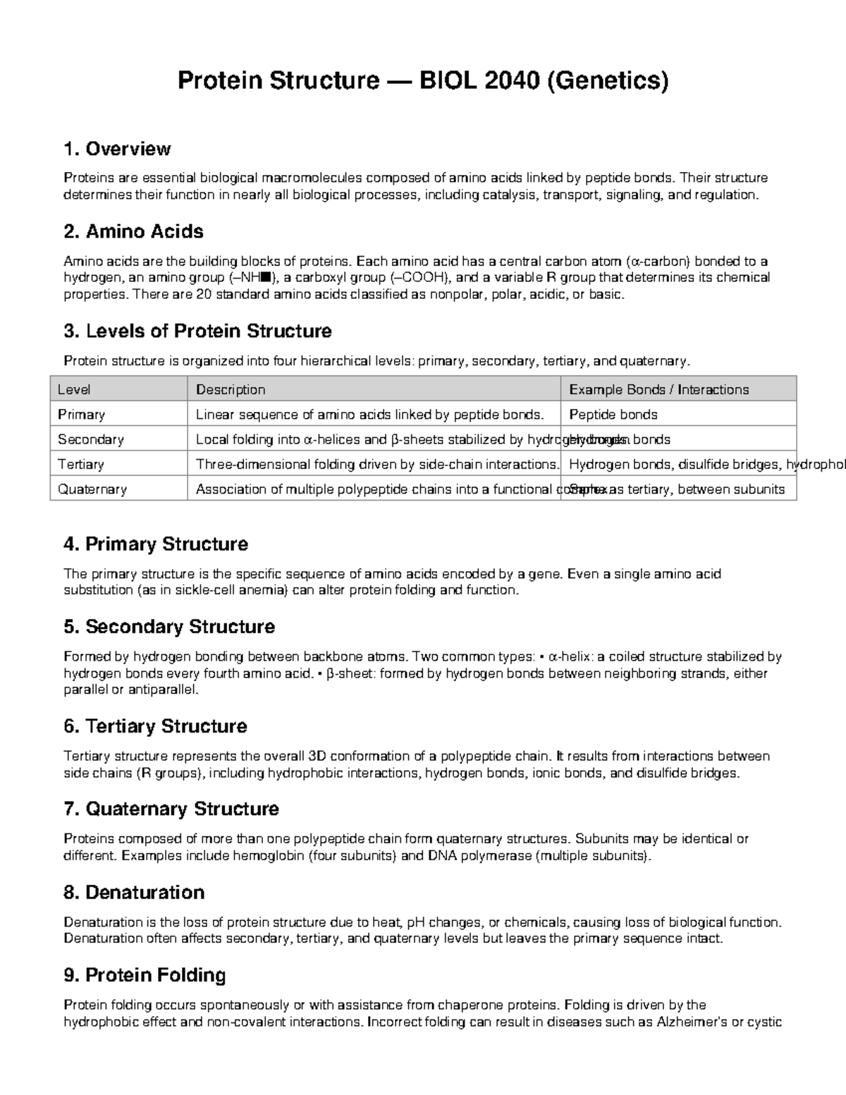 Protein Structure Overview - BIOL 2040 (Genetics) - Studocu