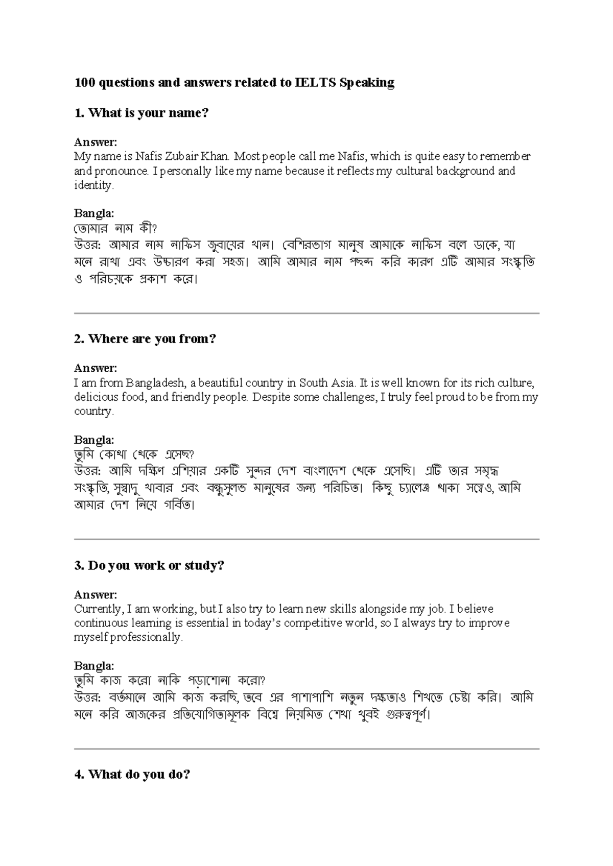 100 IELTS Speaking Questions & Answers for Practice - Studocu