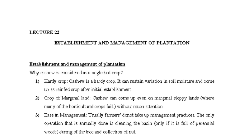 LECTURE 22: ESTABLISHMENT & MANAGEMENT OF CASHEW PLANTATIONS - Studocu
