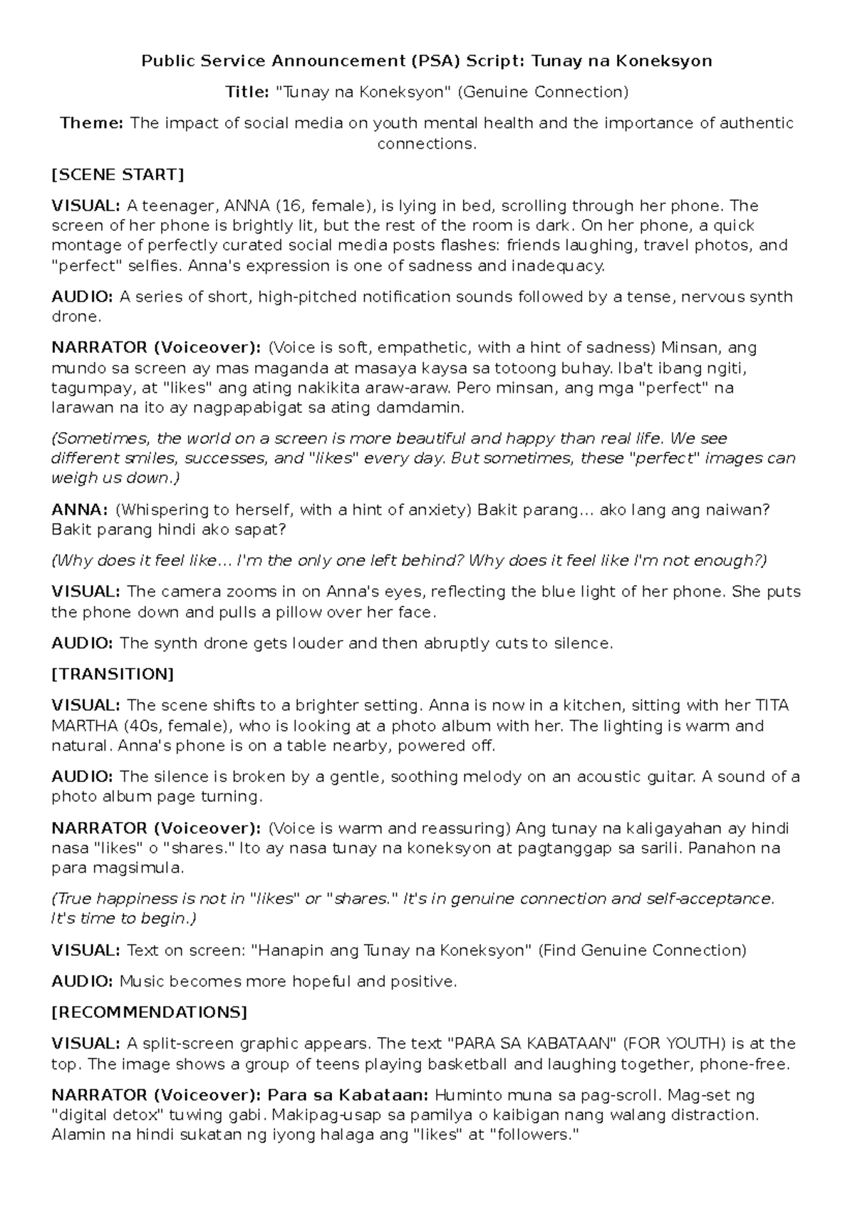 PSA Script: Social Media's Impact on Youth Mental Health - Studocu