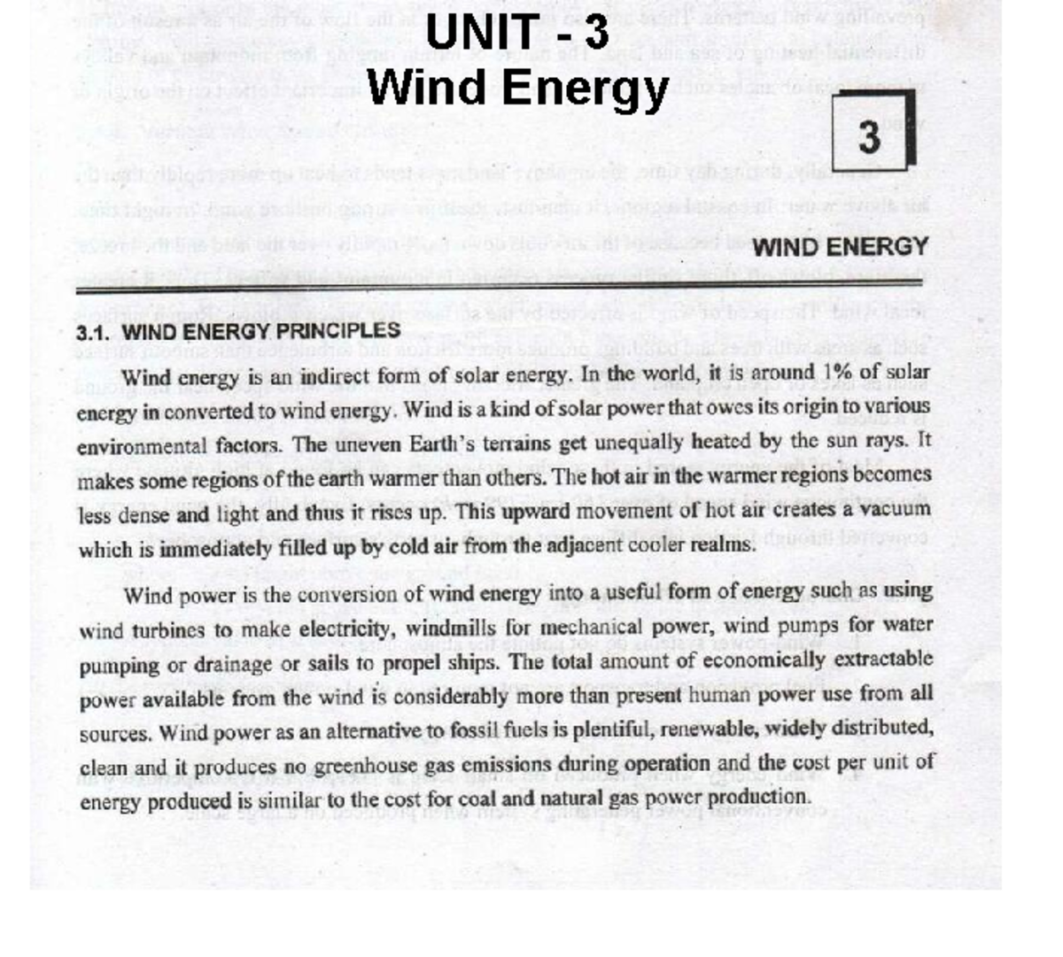 UNIT III - Renewable Energy System Notes on Wind Energy Principles ...