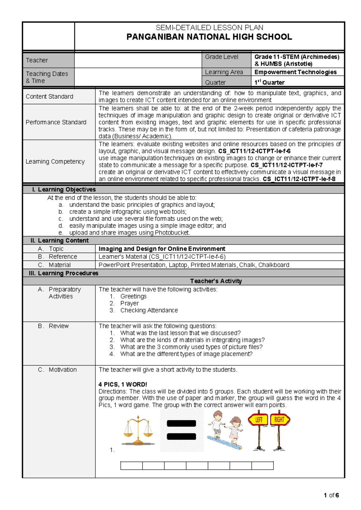 L6 Lesson Plan: Imaging & Design in Empowerment Tech (Grade 11) - Studocu