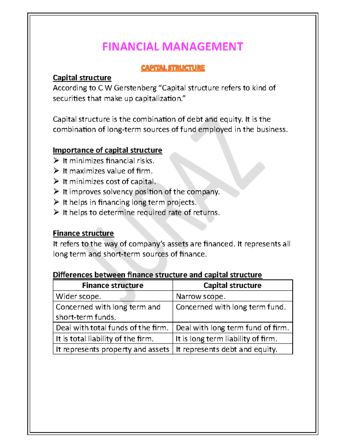 BCOM BBA Capital Structure: Key Concepts and Theories - Studocu