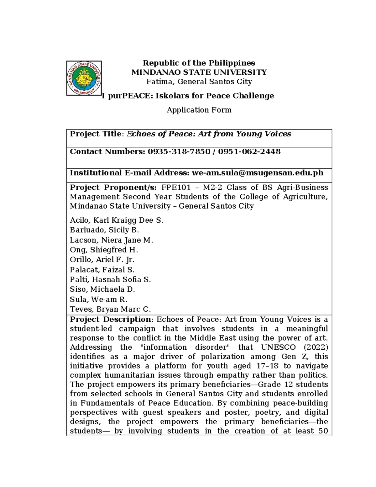FPE101: Echoes of Peace - Art from Young Voices Project Proposal - Studocu