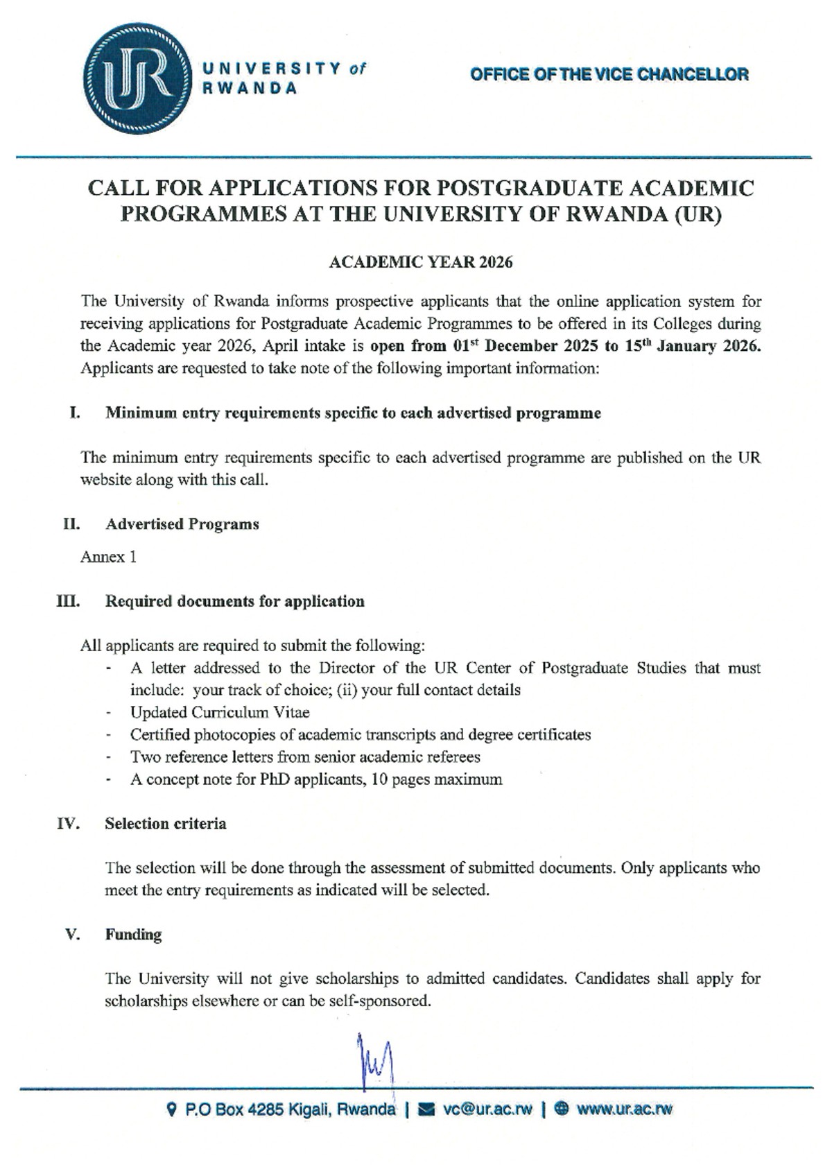 UR Postgraduate Programmes Application Call for 2026 Academic Year ...