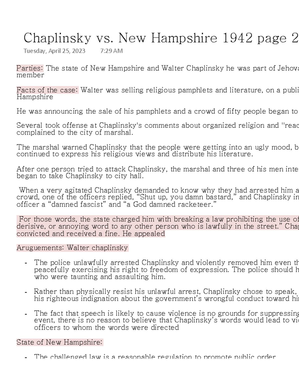 Chaplinsky v. New Hampshire 1942: Legal Arguments & Notes from Class ...