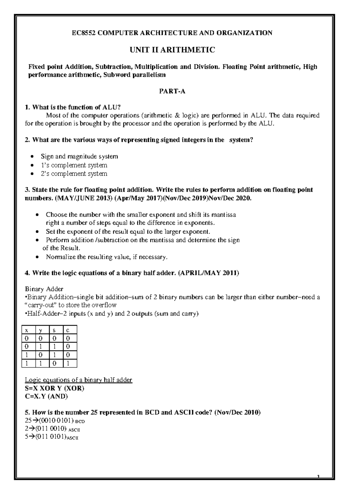 EC8552 COMPUTER ARCHITECTURE AND ORGANIZATION UNIT II ARITHMETIC: Fixed ...