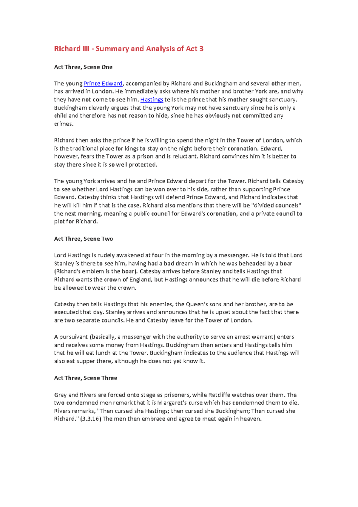 Richard III: Summary & Analysis of Act 3 Scenes 1-7 - Studocu