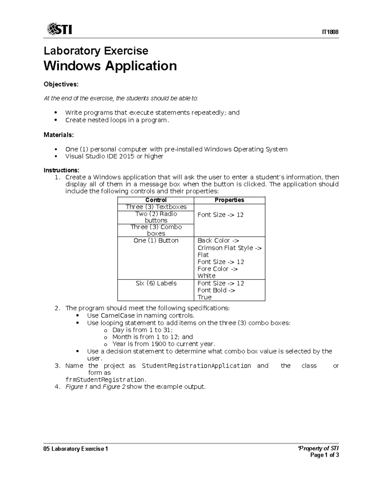 IT 05 Lab Exercise 1: Creating a Windows Application with Loops - Studocu