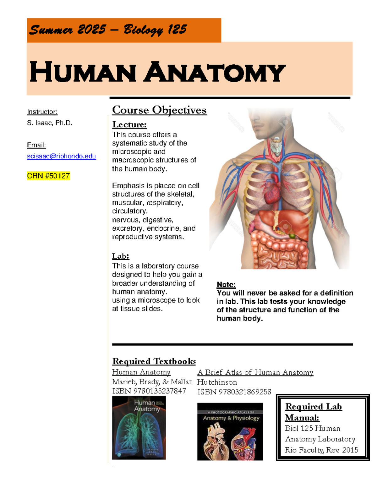 Anatomy Syllabus for BIOL 125: Summer 2025 Course Overview and Details ...