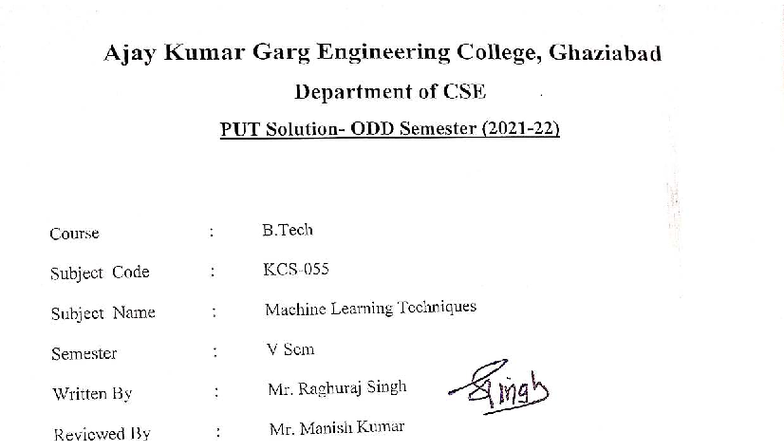 B.Tech CSE 2022-2023 ODD Semester Machine Learning Techniques PUT Solutions - Studocu