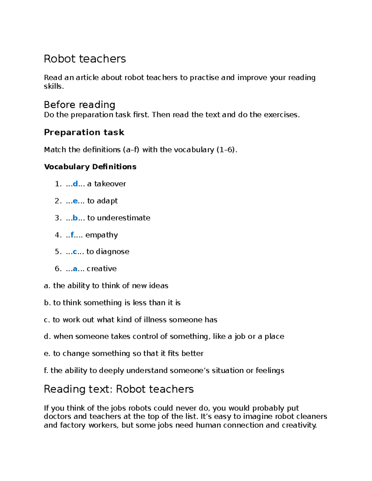 BT reading - for practice - Robot teachers Read an article about robot ...