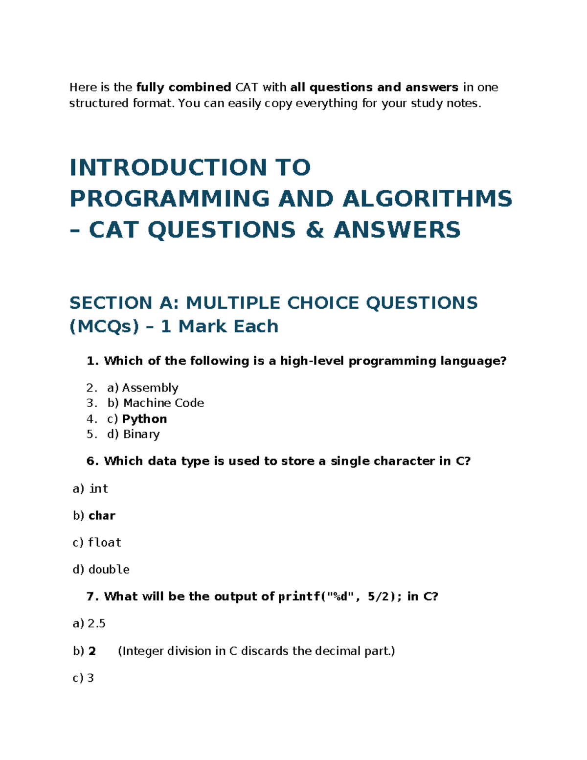 CAT Questions on Programming & Algorithms: MCQs and Coding Tasks - Studocu