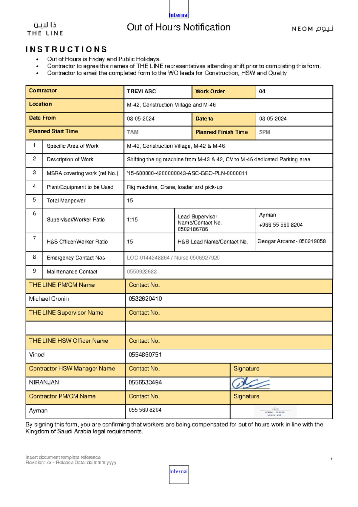 THE LINE - Out of Hours Notification Form 01052024 - Internal Out of ...