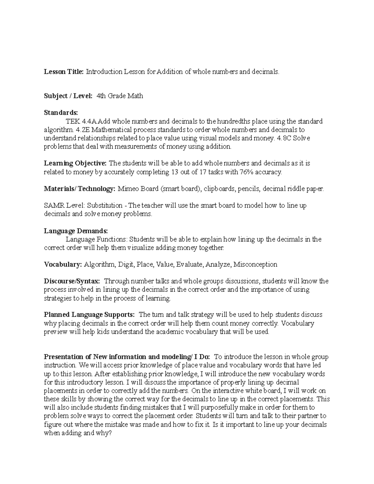Observation 1 Lesson Plan - Lesson Title: Introduction Lesson for ...
