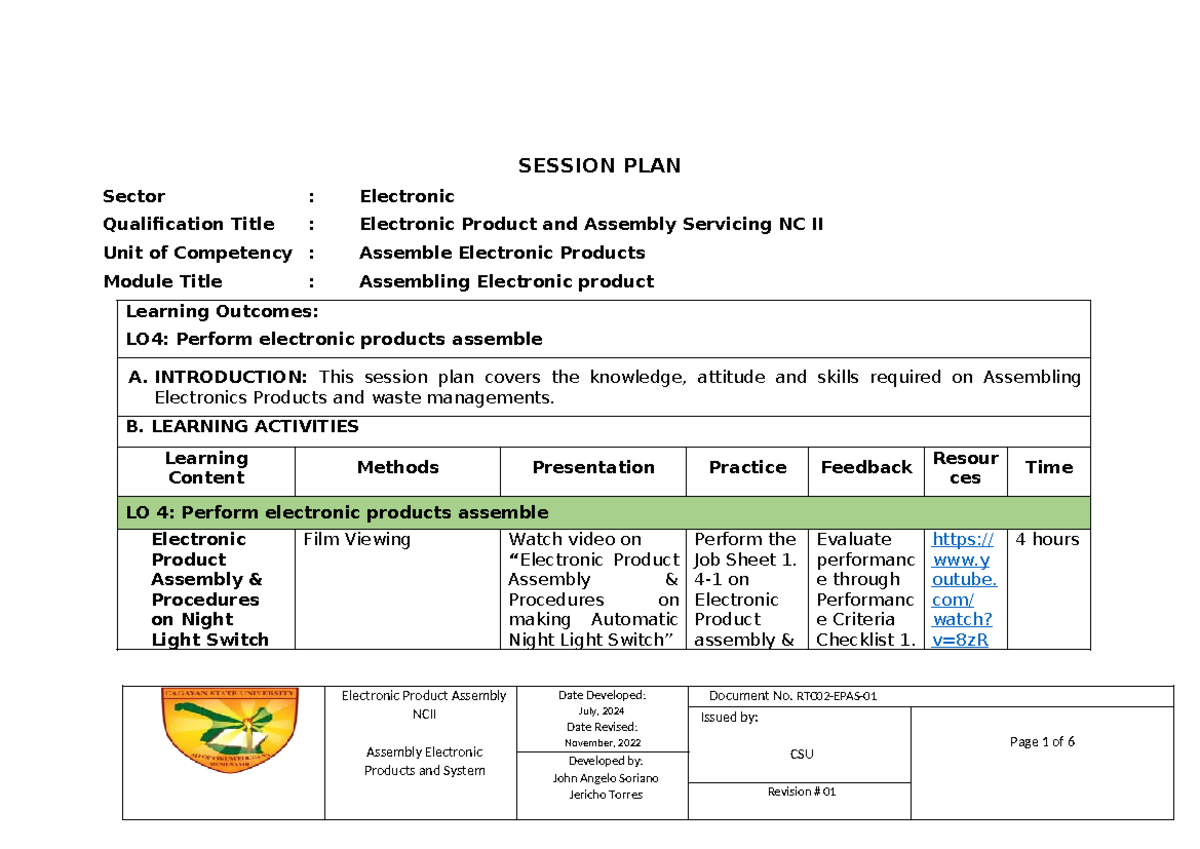 Session Plan: Electronic Product Assembly NC II & Night Light Switch ...