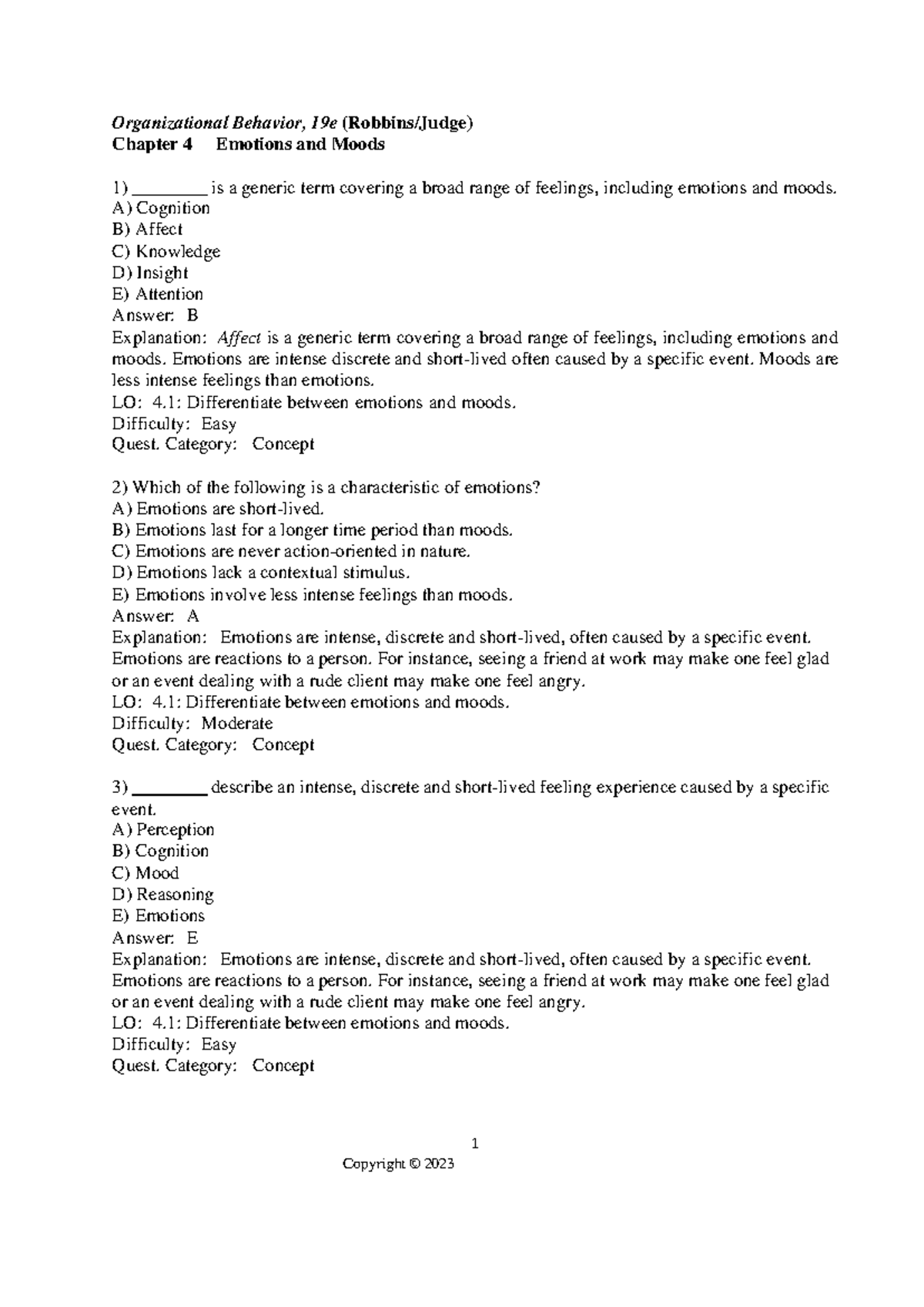 Organizational Behavior 19e Chapter 4: Emotions and Moods Test Bank ...