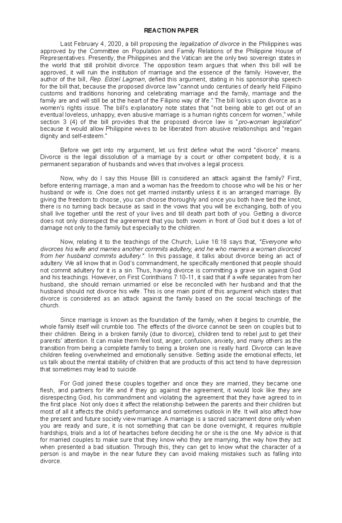 Reaction Paper on House Bill Legalizing Divorce in the Philippines - BS ...