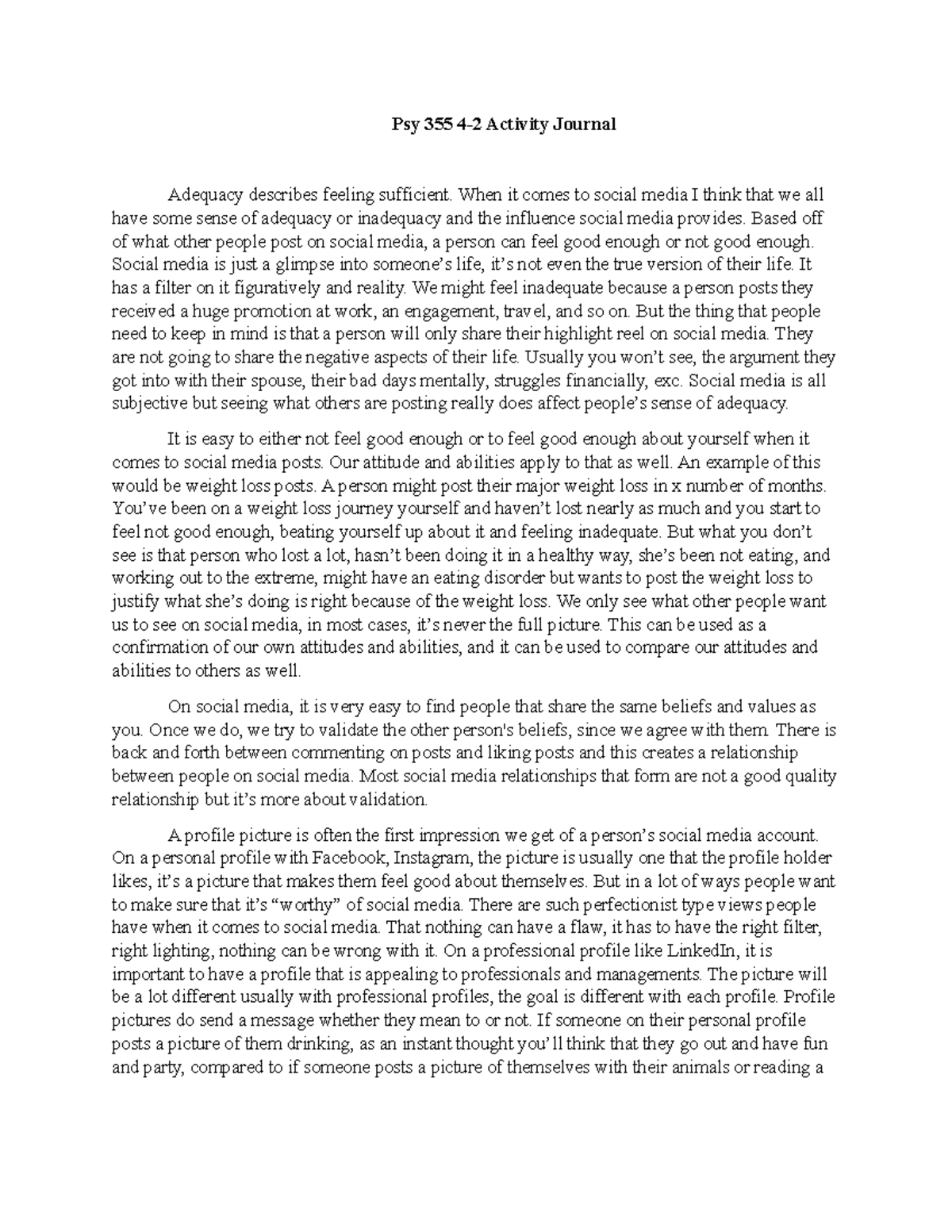 Psy 355 4-2 Activity Journal: The Impact of Social Media on Self ...