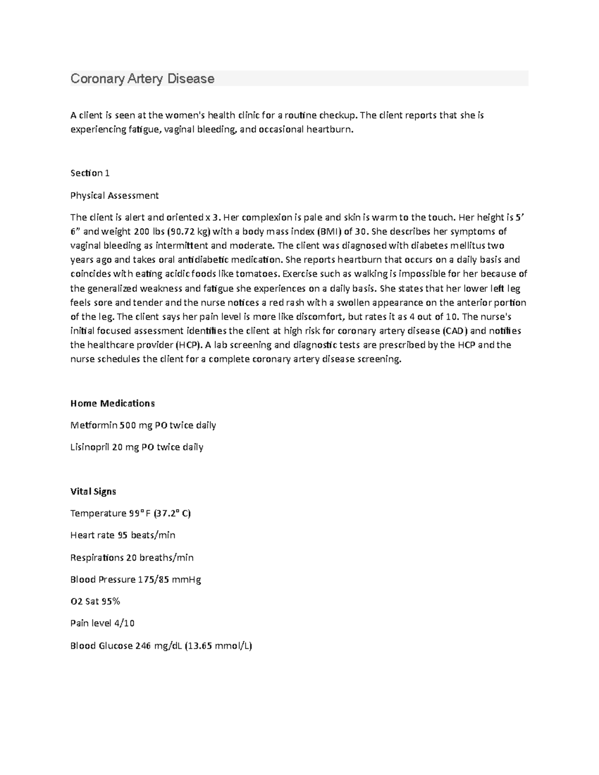 CAD Case Study: Assessments, Risk Factors, and Interventions - Studocu