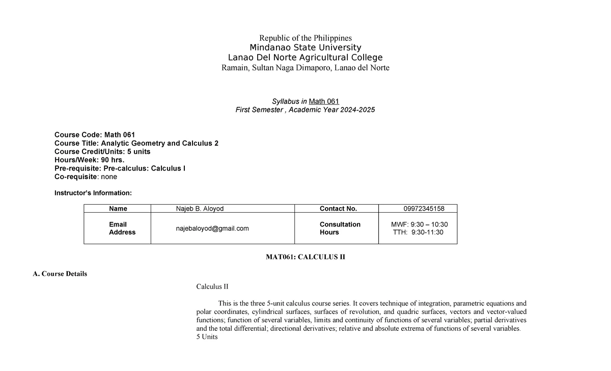 Math 61 OBE - Summary of Calculus II Course Content and Assessments ...