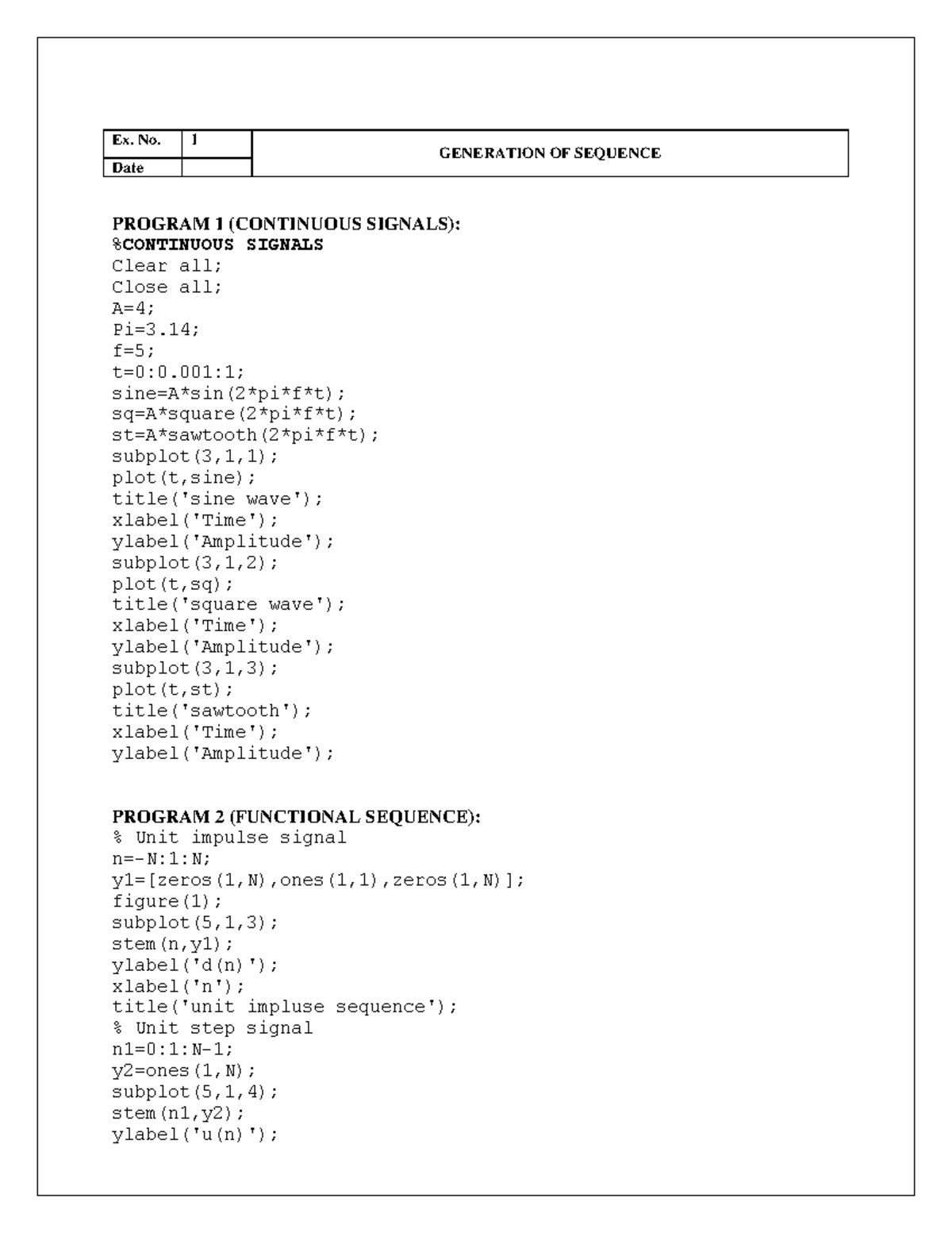 DSP Program Outputs: Ex. No. 1 to 7 - Signal Processing Techniques - Studocu