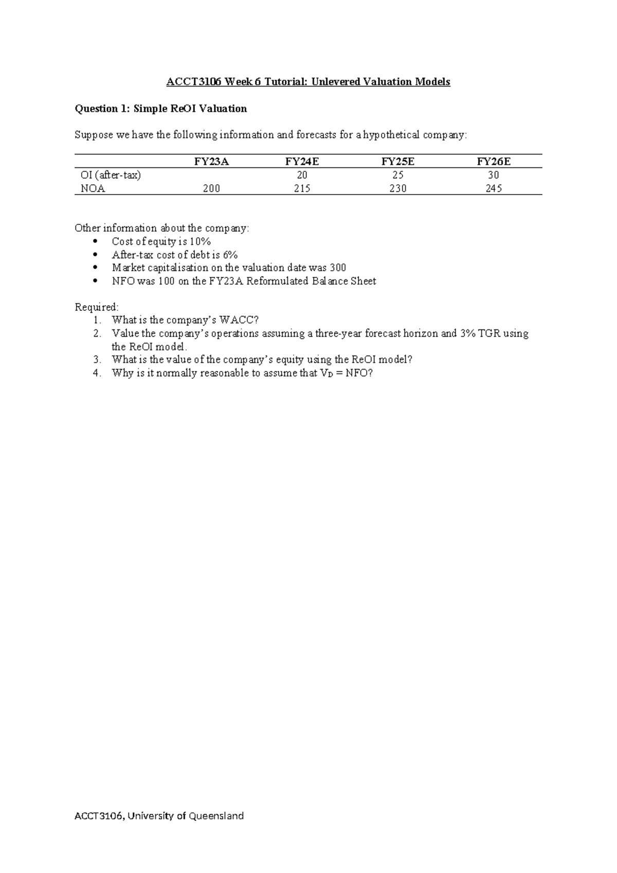 ACCT3106 Week 6 Tutorial: Valuation Models & DCF Analysis - Studocu