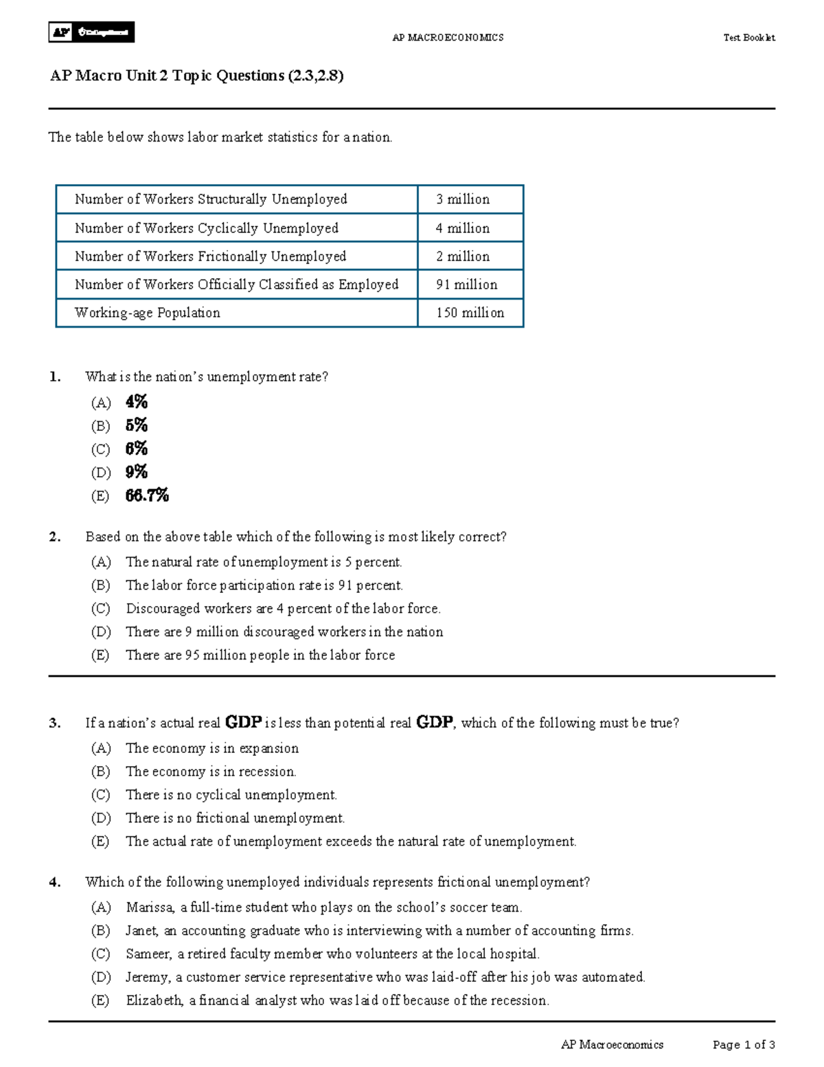 AP MACRO Unit 2 Topic Questions on Unemployment & Business Cycle - Studocu