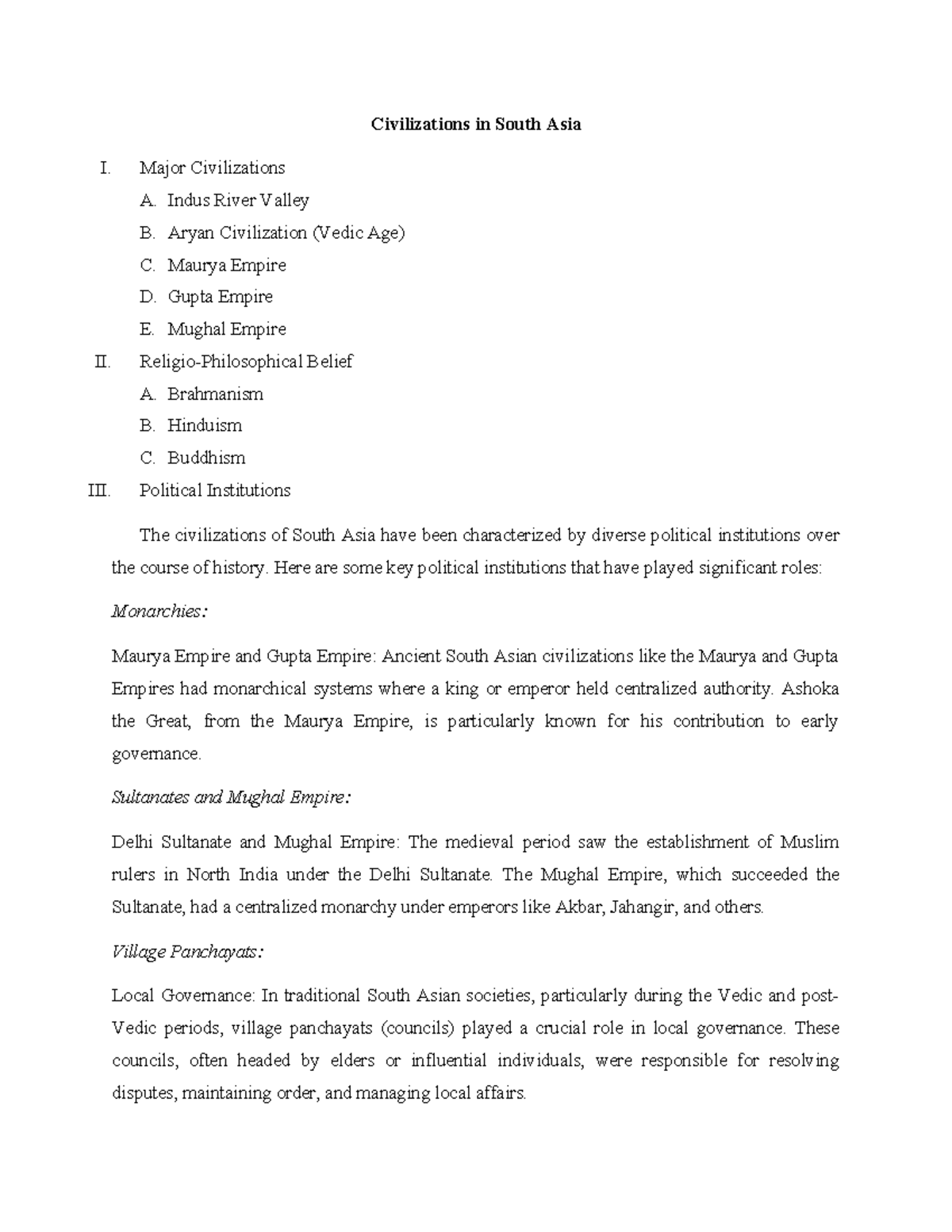 Civilizations in South Asia: Key Political Institutions Overview - Studocu