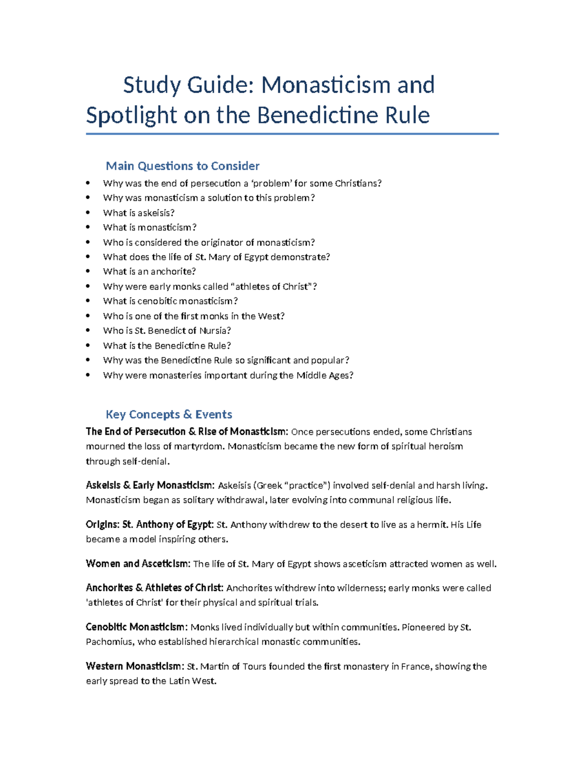 Study Guide: Monasticism & the Benedictine Rule (HIST 201) - Studocu