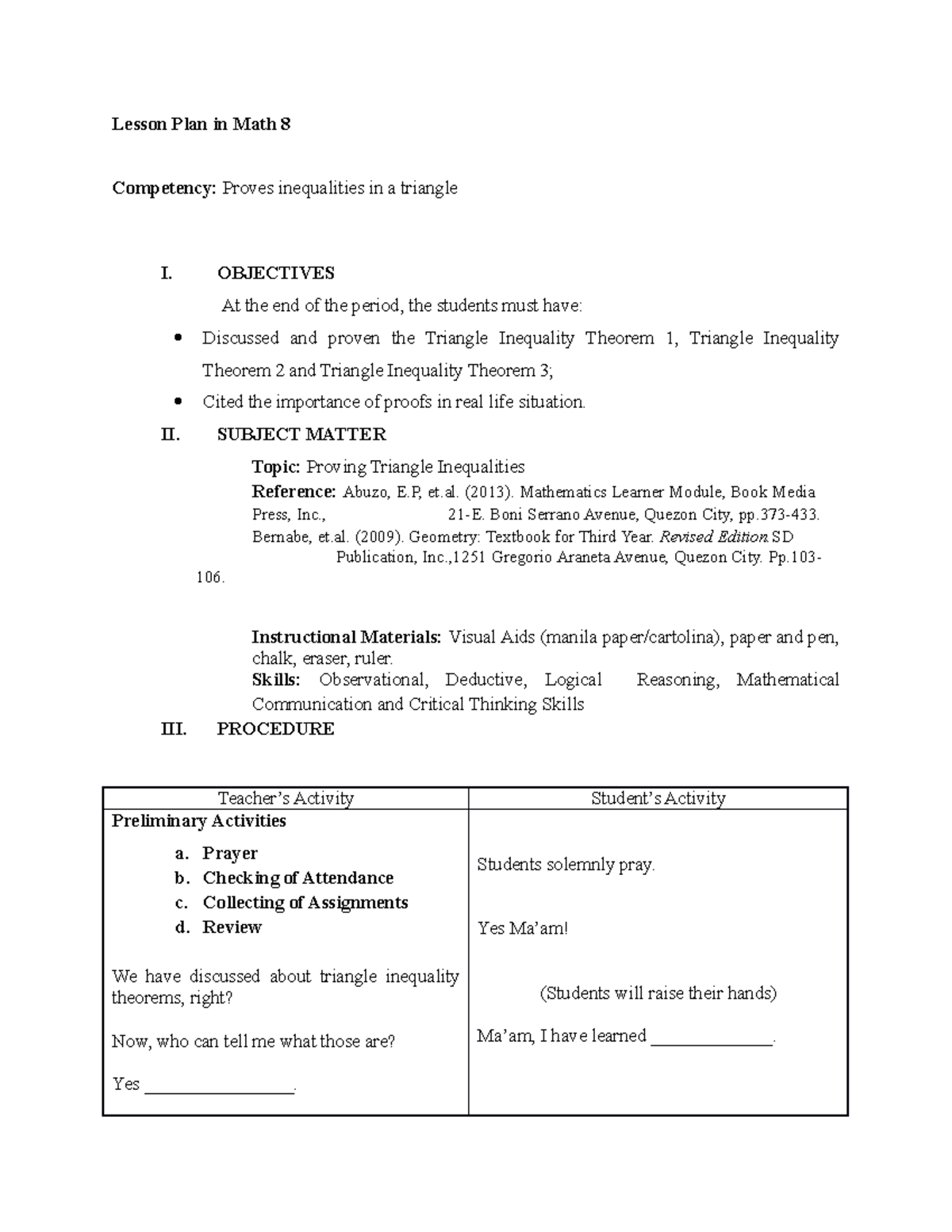 Lesson Plan: Proving Triangle Inequalities in Math 8 - Studocu