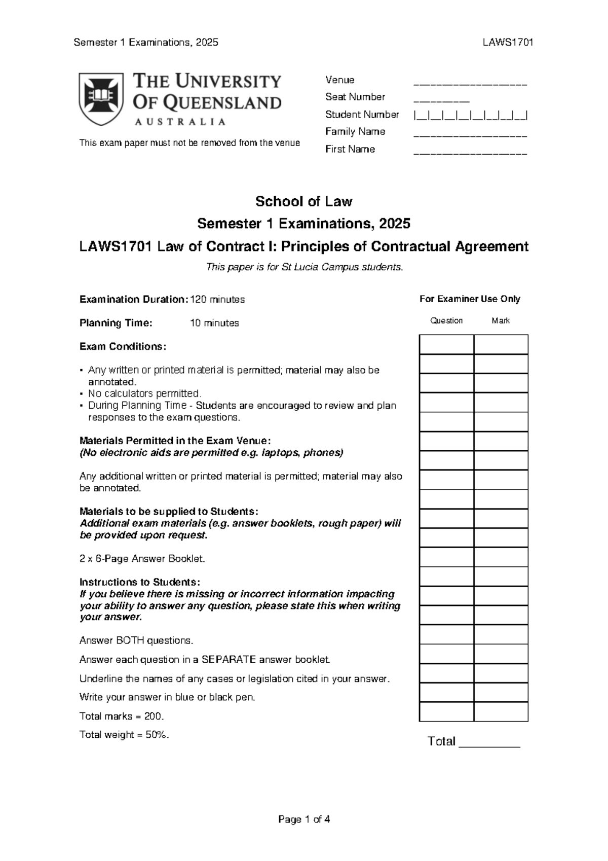 Semester 1 Exam 2025 LAWS1701: Law of Contract I Paper - Studocu