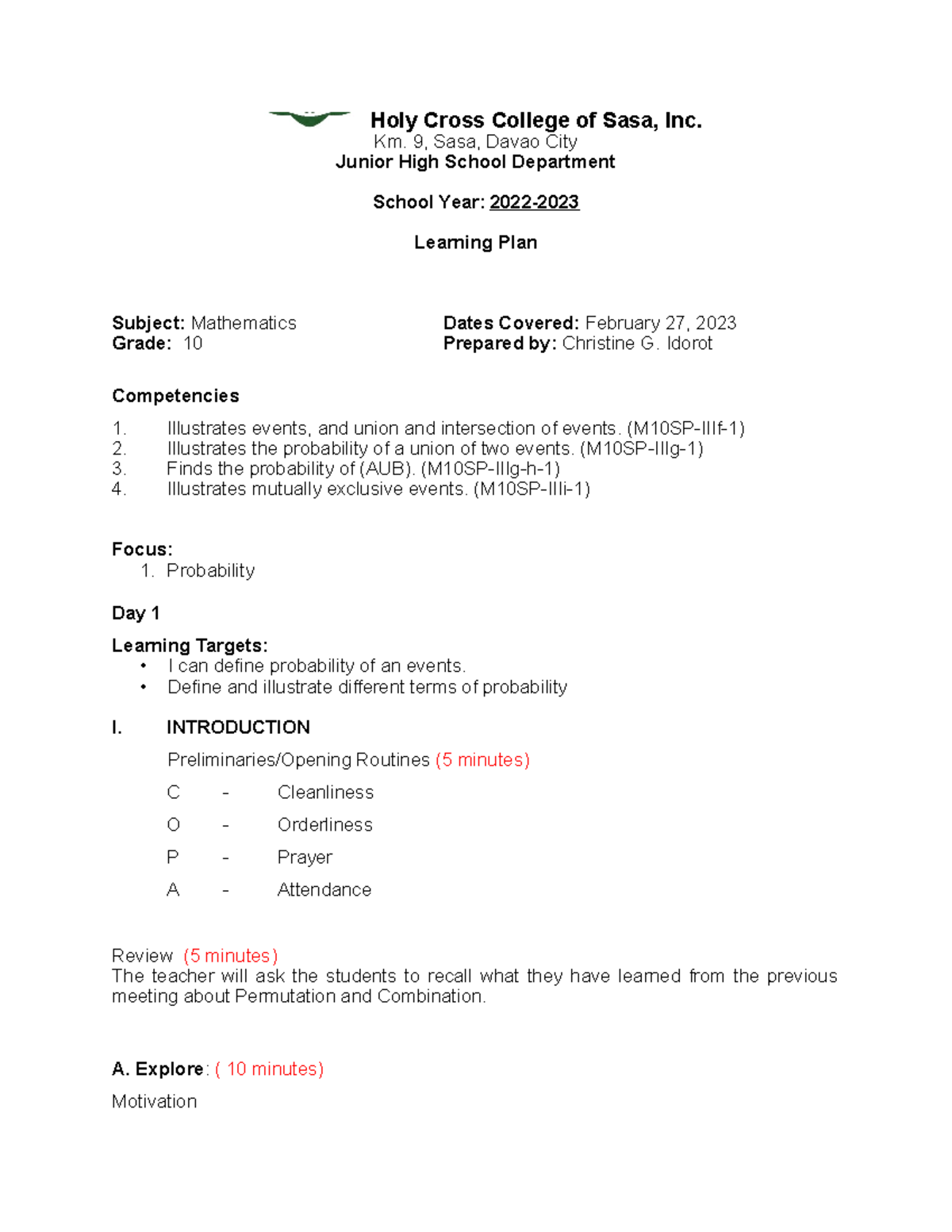 Mathematics Learning Plan for Grade 10: Probability & Angles (LP Day 2 ...