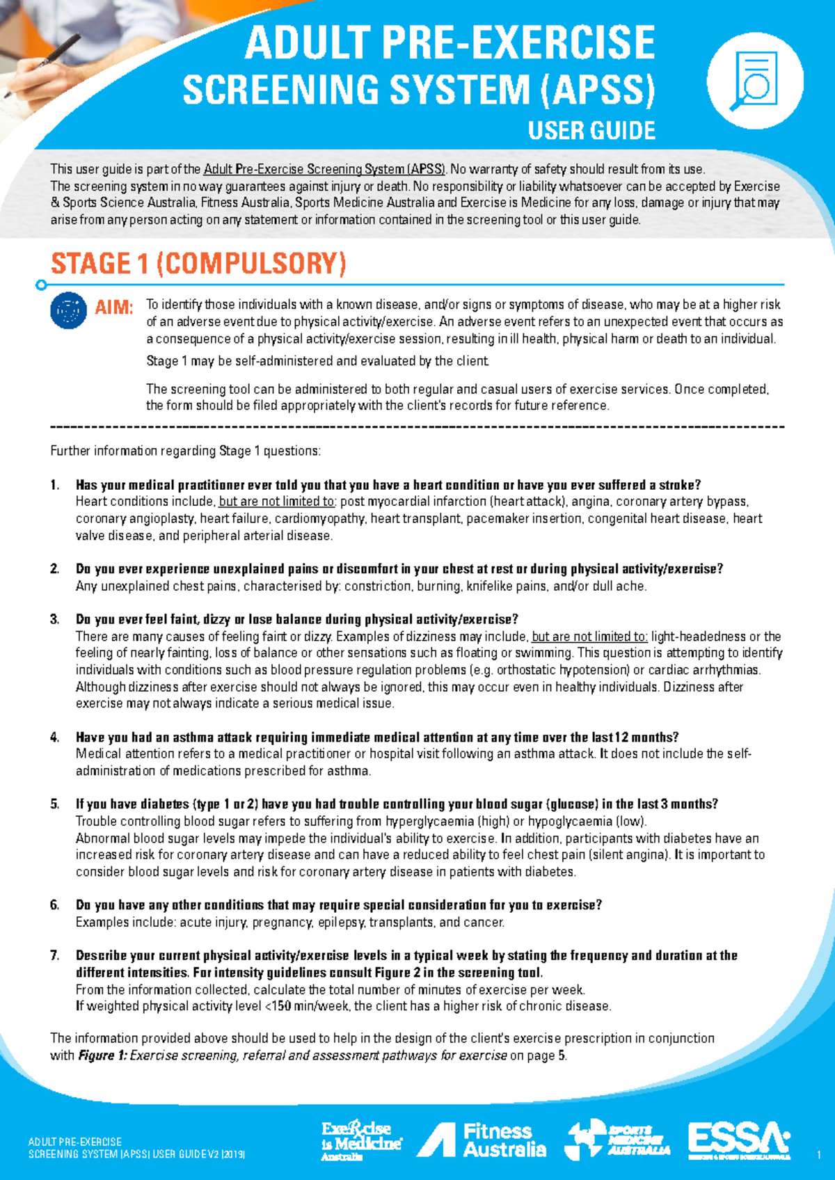 Adult Pre-Exercise Screening System (APSS) User Guide V2 Final - Studocu