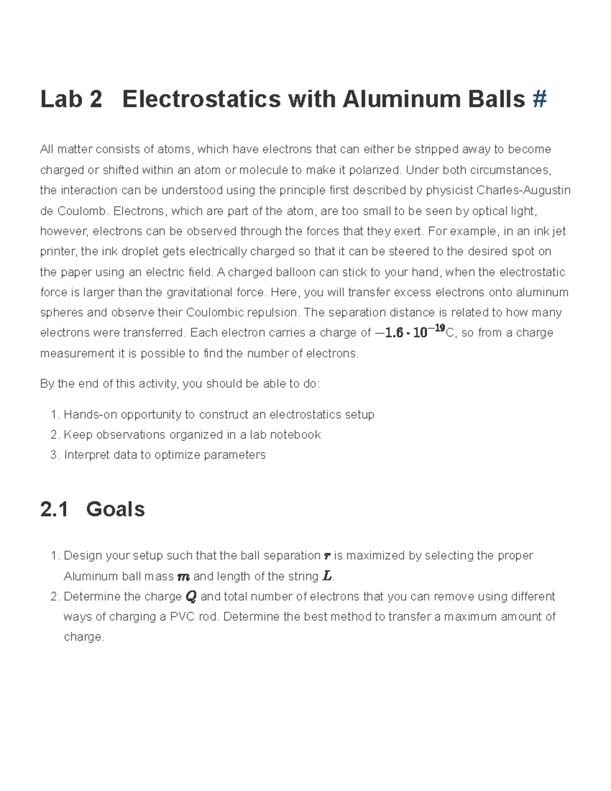 Lab 2: Electrostatics with Aluminum Balls - PHYS 152 Lab Manual 2022 - Studocu