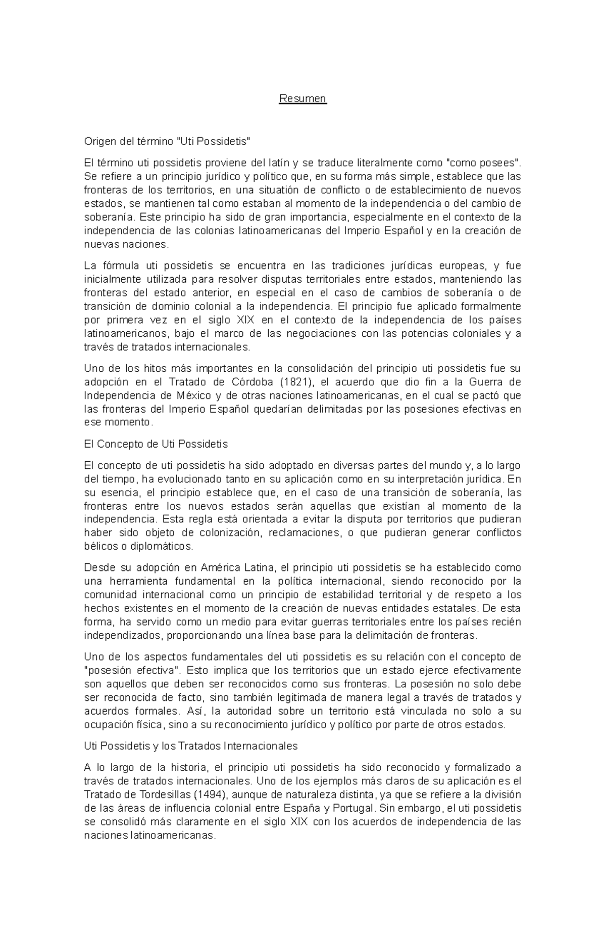 Resumen Doctrina Uti Possidetis: Concepto y Origen - Grupo 7 - Studocu